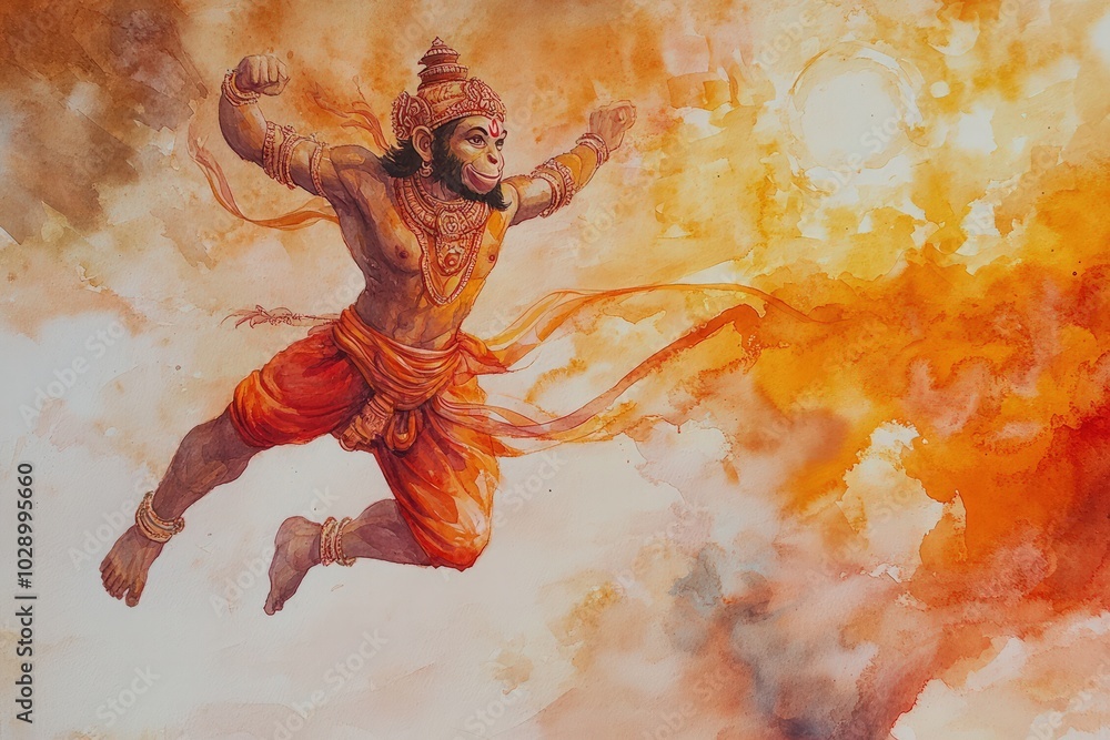 A dynamic watercolor painting of Lord Hanuman leaping through the air ...