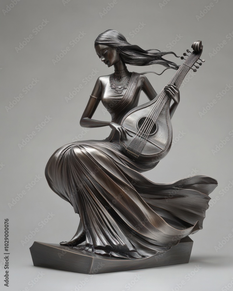 A modern sculpture of Goddess Saraswati playing the veena, made from ...