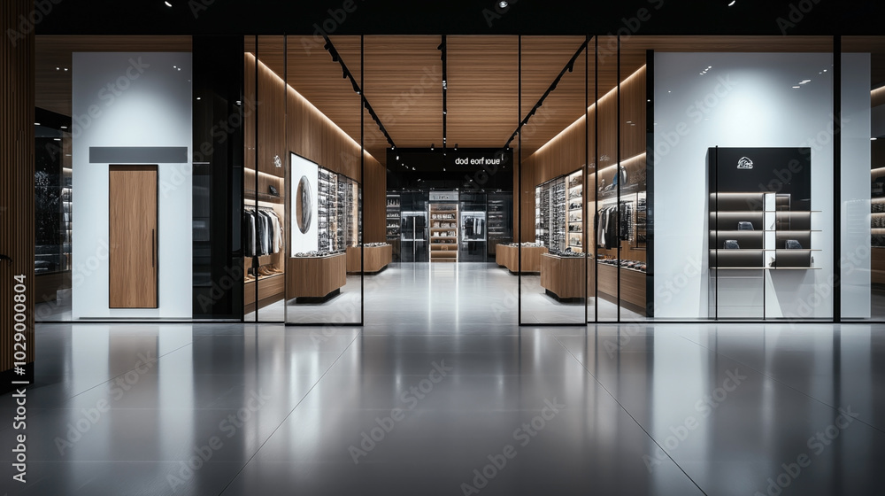 Modern luxury retail store interior with wooden accents, glass walls ...