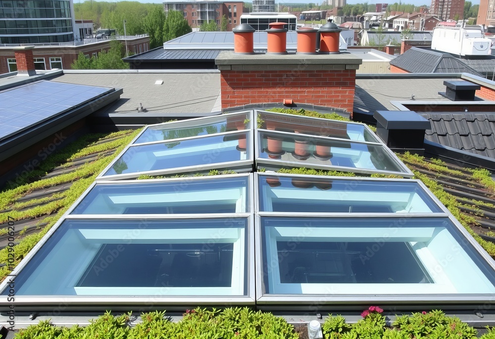 Rooftops Skylights chimneys green roofs Stock Photo | Adobe Stock
