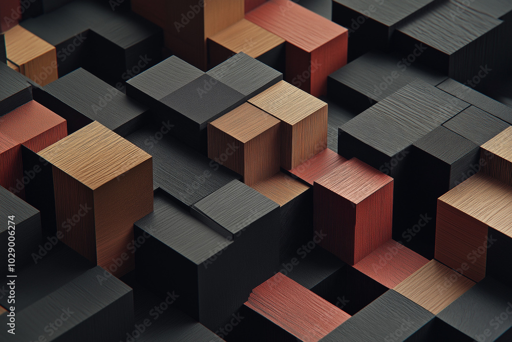 Interlocking Geometric Blocks in 3D Render on Black Background, Creating Depth and Dimension ...
