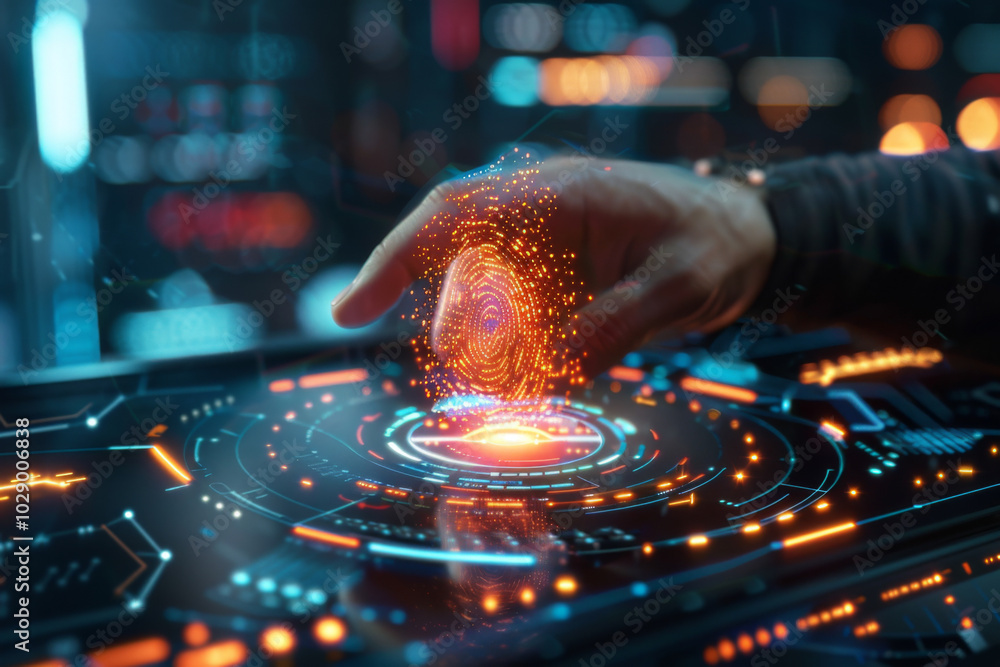 Finger touching digital fingerprint scanner on glowing virtual keyboard ...