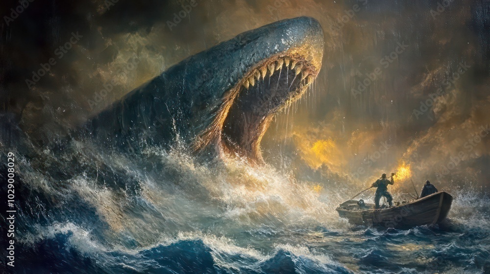 A lone fisherman in a small boat faces a giant, fearsome shark with its ...