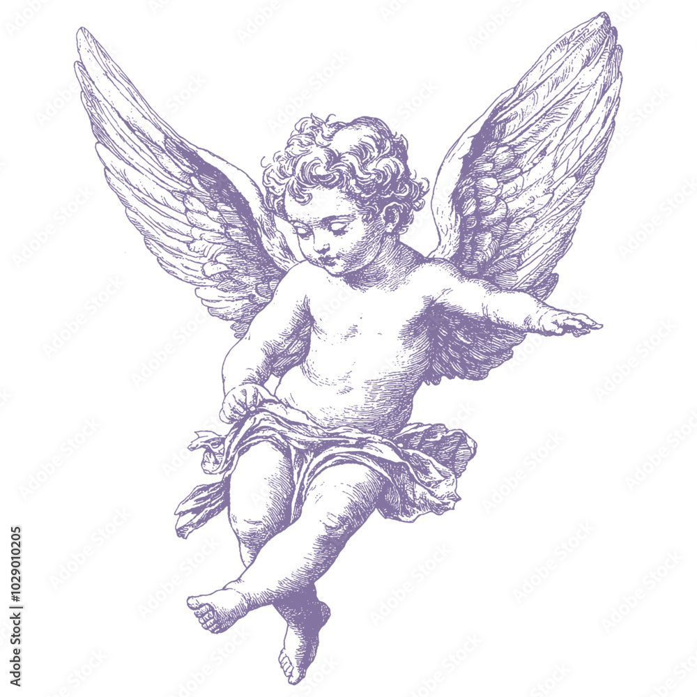 A detailed vector illustration of a cherub with wings, depicted in a ...