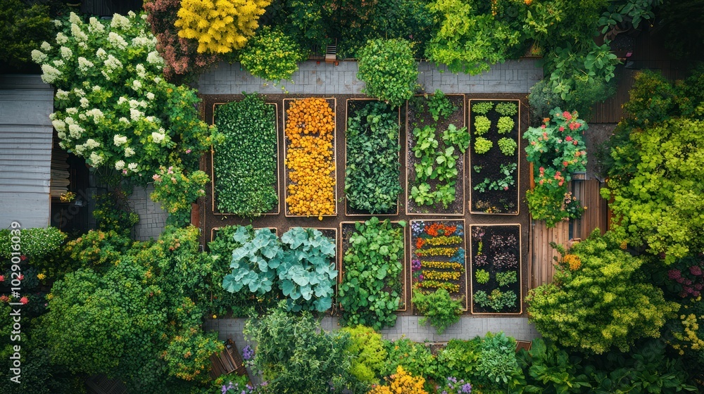 An aerial view of a raised garden bed with various plants and ...