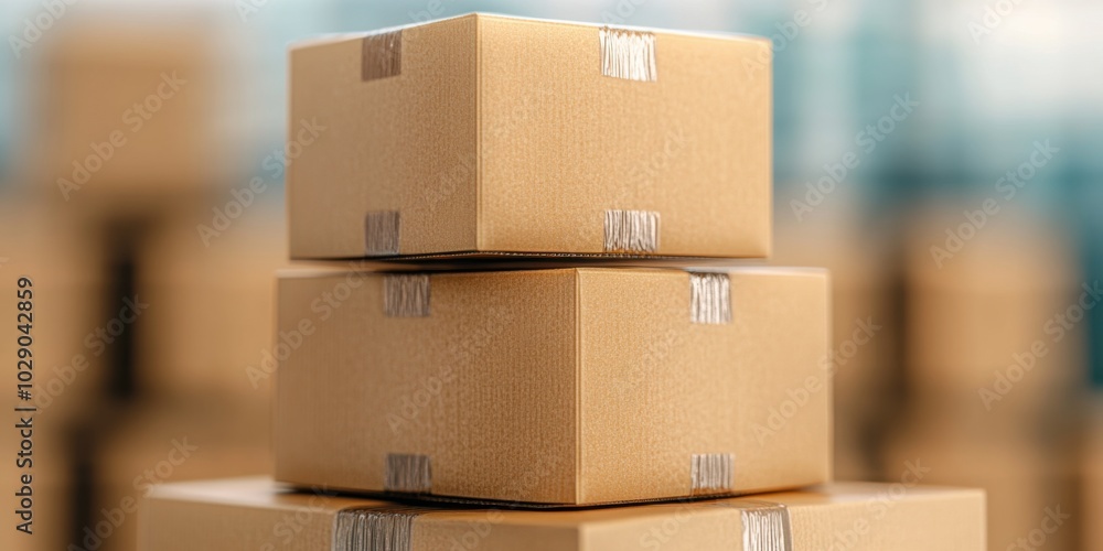 Three cardboard boxes are neatly stacked in a warehouse setting, with ...