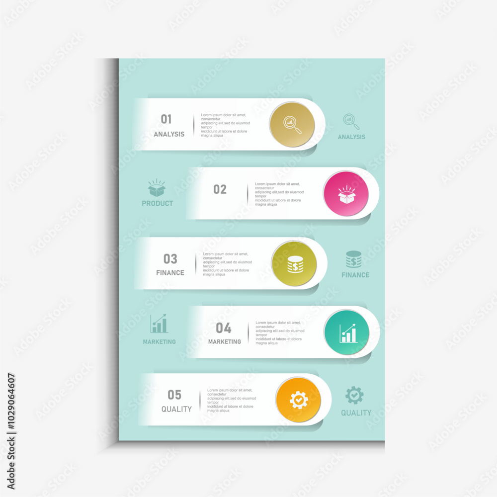 Design template for vector infographic labels with icons and 5 options ...