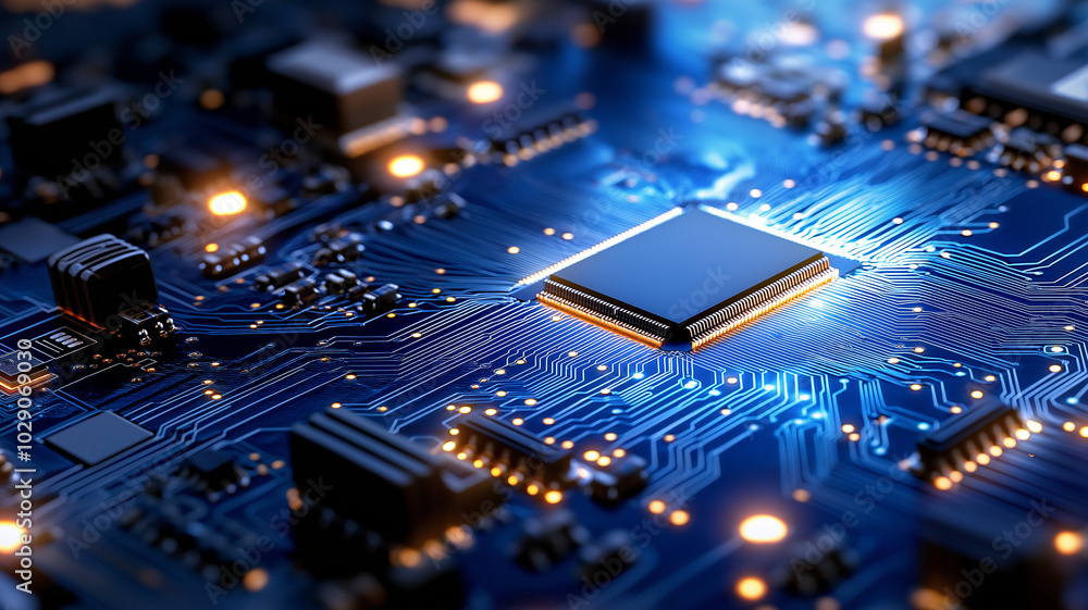 A close up view of microchip on circuit board, showcasing intricate details and glowing ...