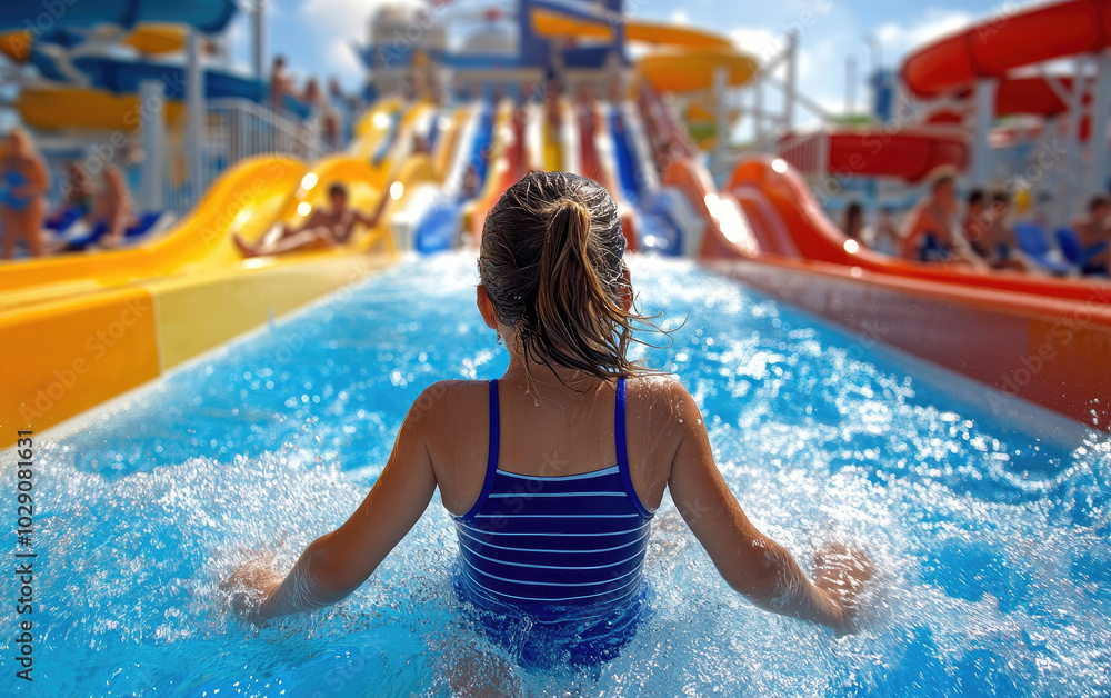 A young girl sliding down the waterslide in an outdoor water park ...