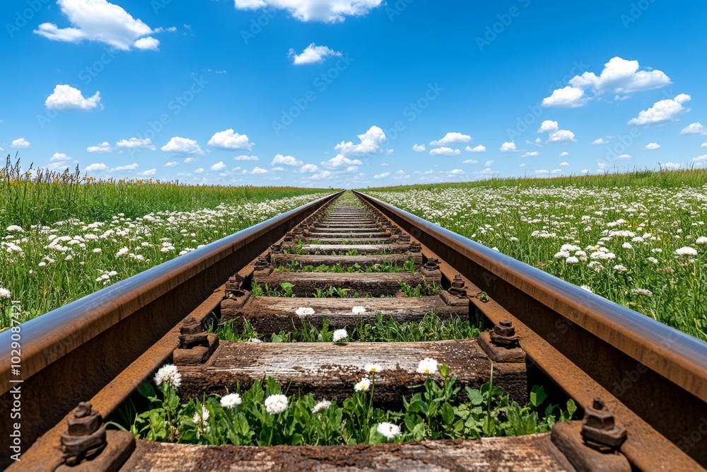 Rusted railroad tracks running through an overgrown field, with the ...