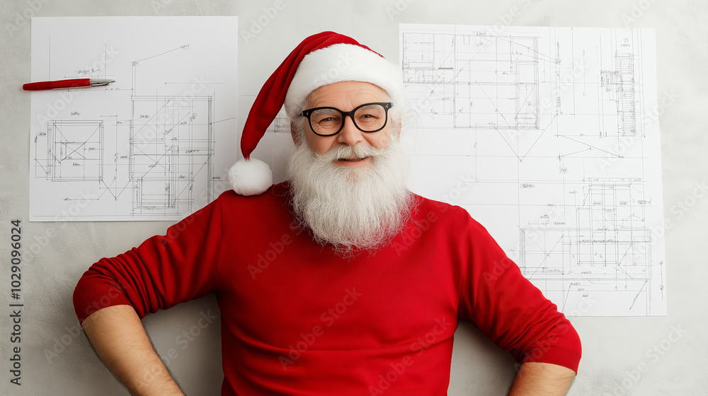 Santa Claus poses proudly with architectural blueprints, blending the ...