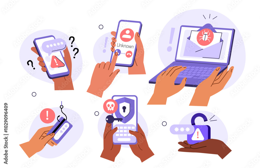 Cyber crime set. Characters loss personal data access, answering a scam ...