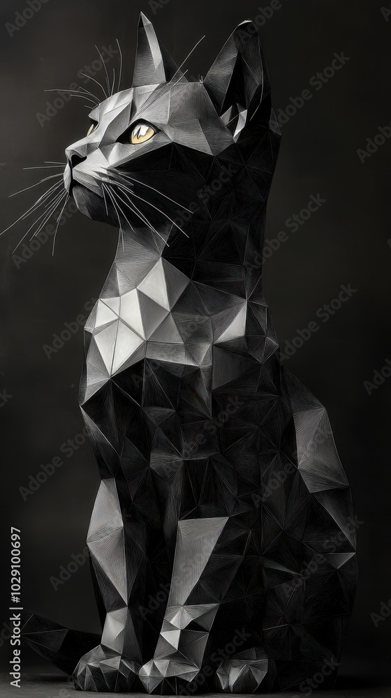 Geometric Cat Design, minimalist low poly cat figure, sharp angular ...