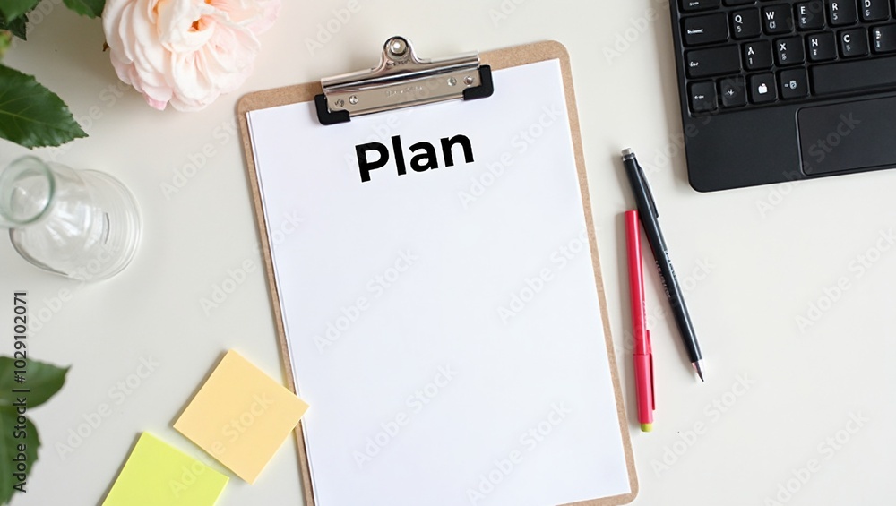 Minimalist desk with Plan notepad pens sticky notes and laptop Stock ...