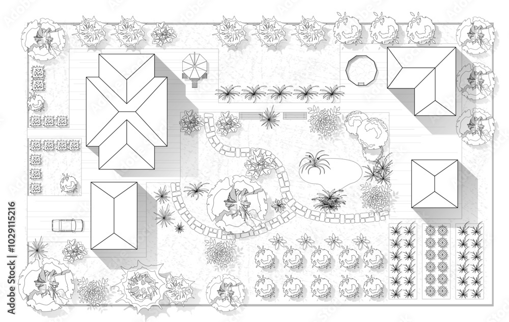 Top view landscape design plan with house, courtyard, lawn. Black and ...