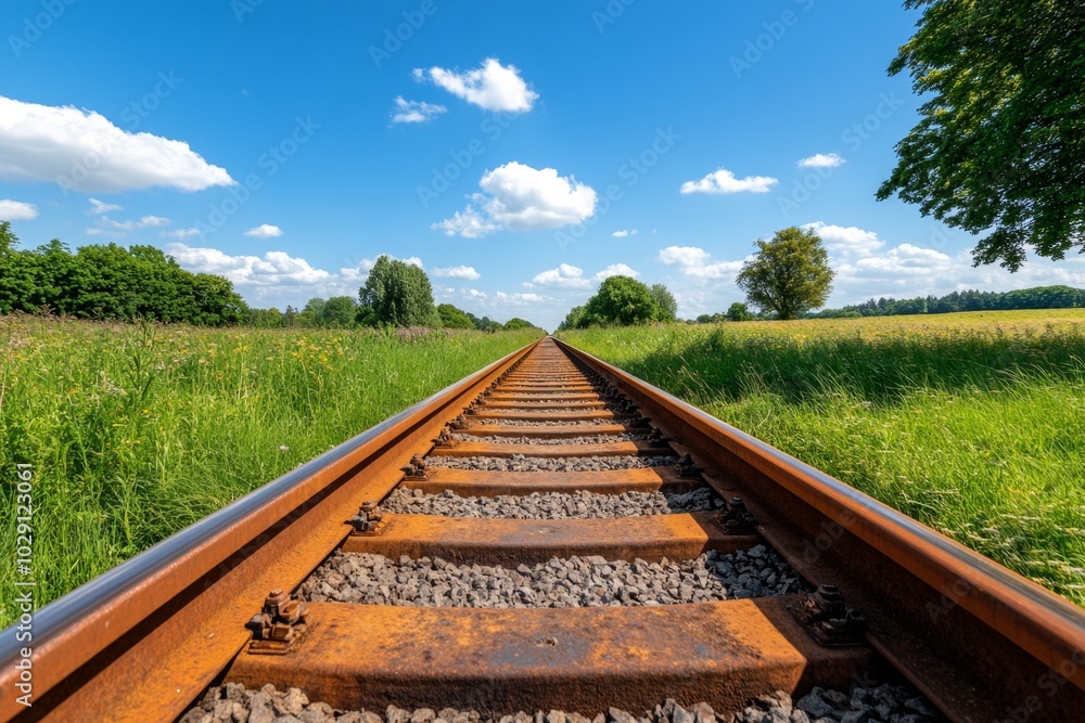Rusted railroad tracks running through an overgrown field, with the ...