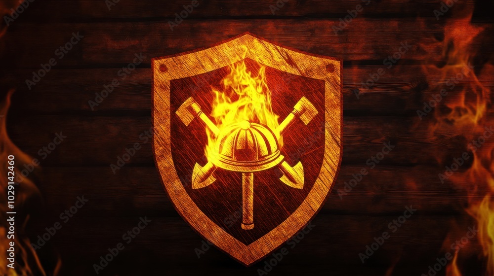 Shield logo with flames, crossed axes, and a helmet, representing fire ...