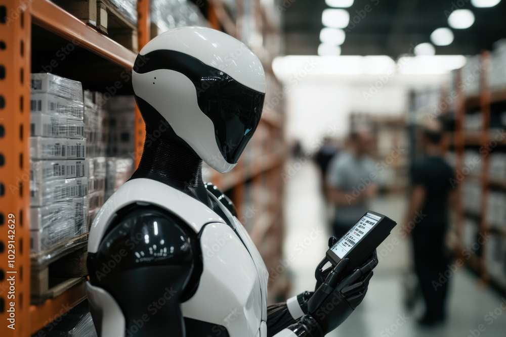AI Robot Scanning Inventory with Handheld Device in Modern Warehouse ...