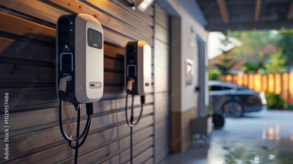 Level 2 electric vehicle charging station installed in a home garage ...