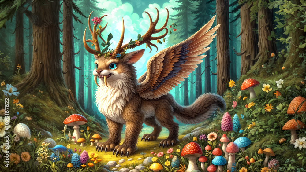 Wolpertinger, mythical forest creature in enchanted forest, rabbit with ...