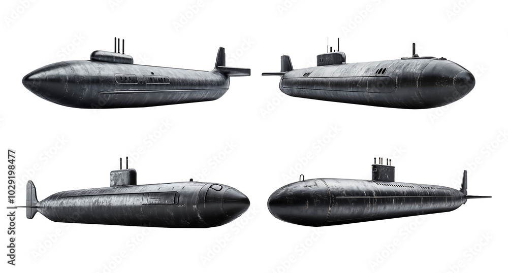 Four dark gray submarine images, shown from different angles ...