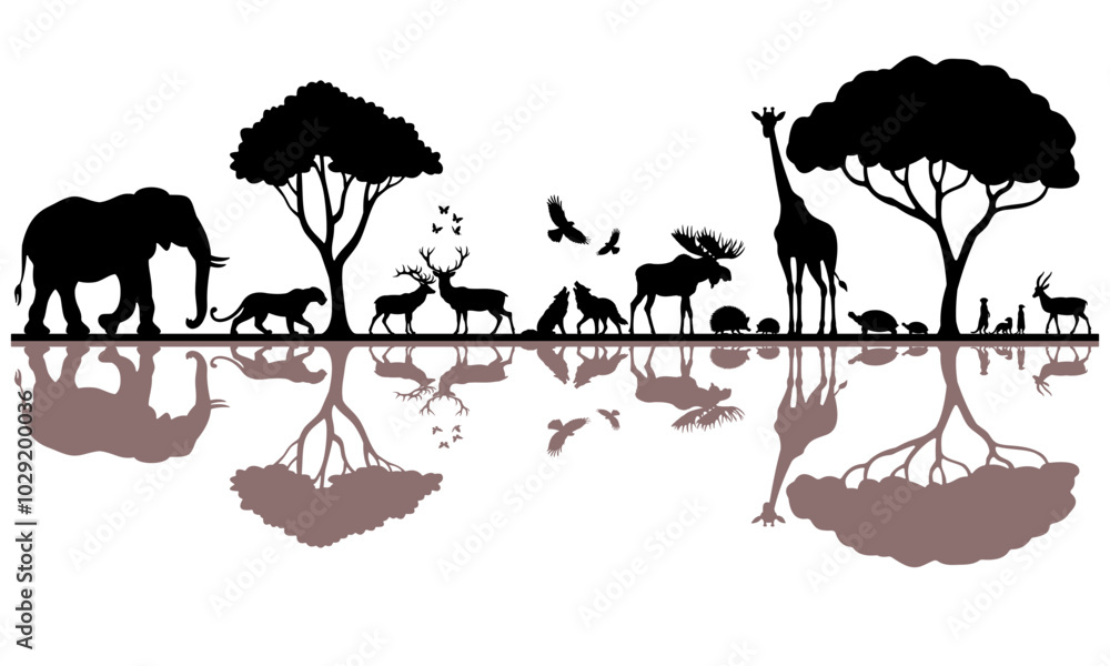 Vetor Silhouettes of various animals in Savannah African landscape ...