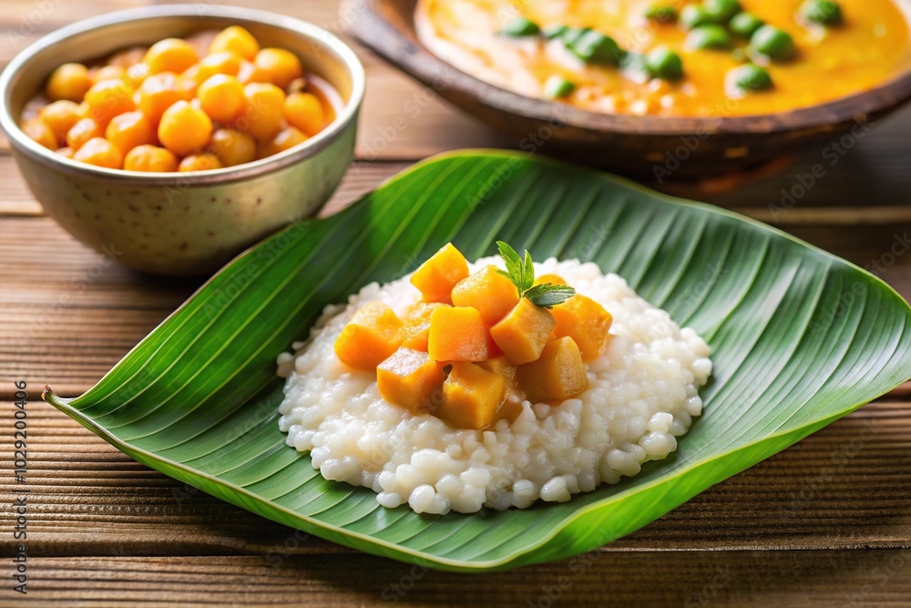Forced perspective closeup of tapioca cooked in coconut milk on a ...