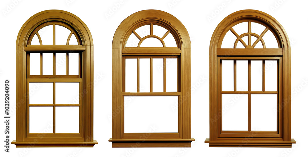 Three identical arched wooden windows with decorative grilles and ...