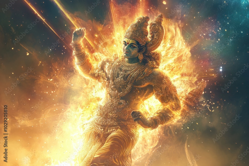 A cosmic digital portrayal of Lord Vishnu avatar, Narasimha, emerging ...
