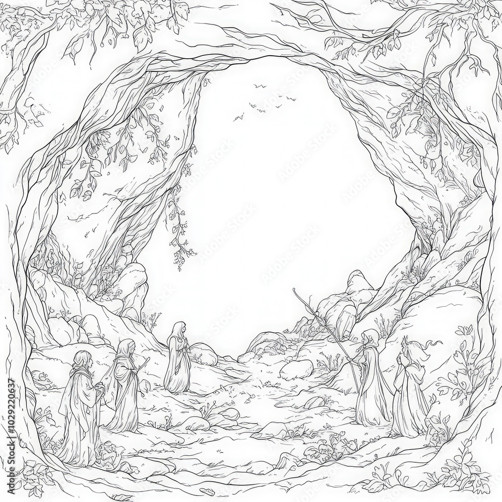 A mystical fairy tale scene with various characters, coloring page for ...