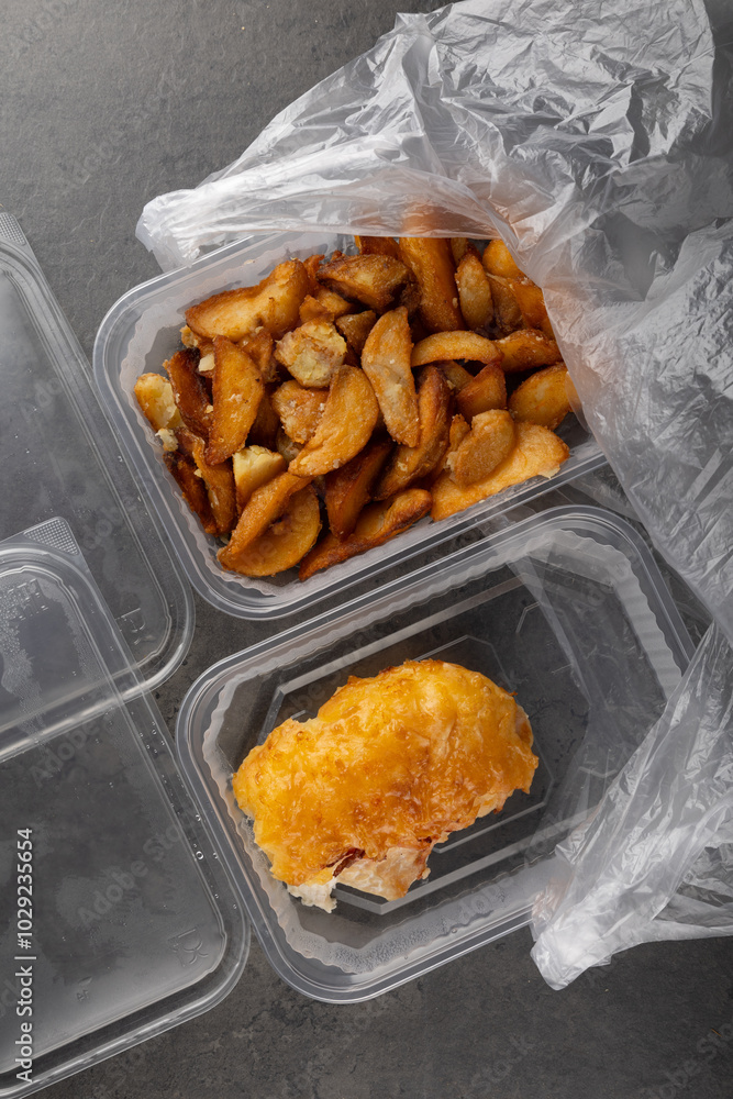 Takeaway food. Fast food from a store or cafeteria in food containers ...