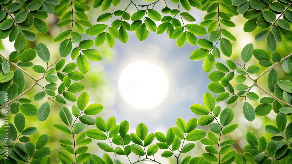 Forced perspective background of moringa oleifera leaves in round ...
