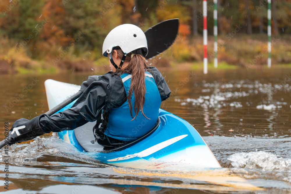 Kayak slalom canoe race in river. Kayaking with colorful canoe kayak ...