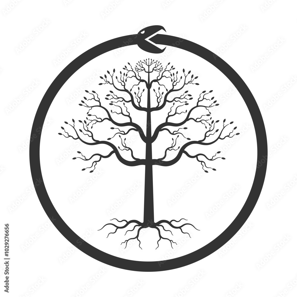 Vector de Stock Ouroboros snake and tree of life. Serpen eating itself sign. Yggdrasil symbol ...