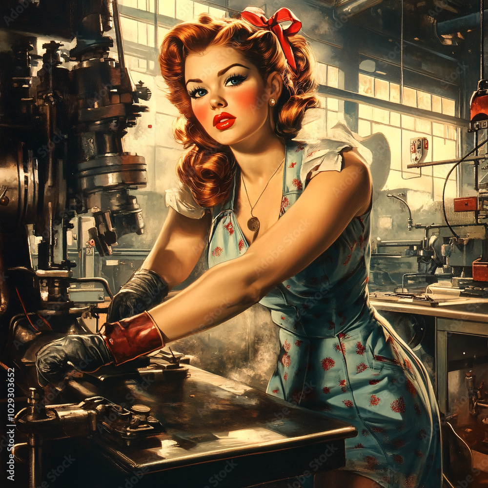A vintage pin-up girl in a workshop setting, confidently posing amidst ...