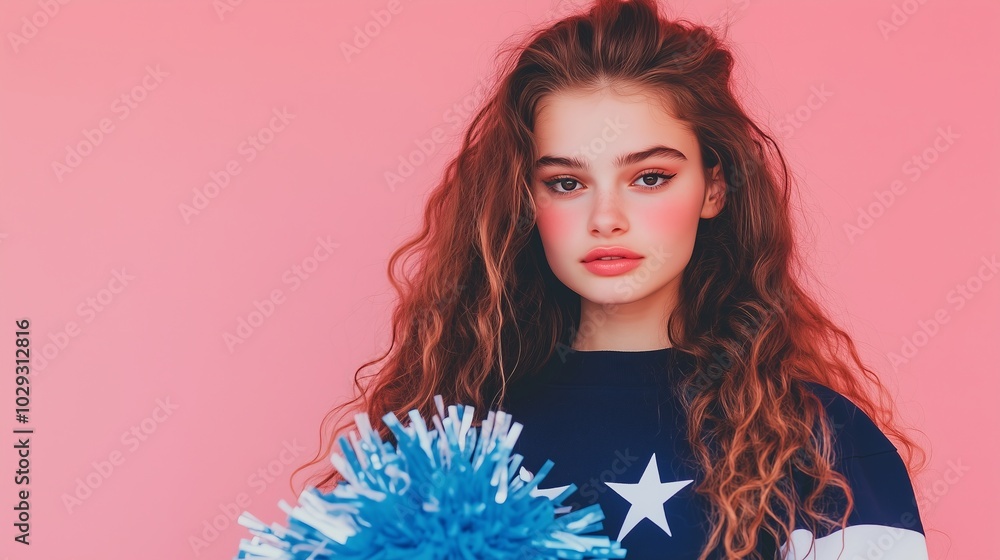 young woman wearing a navy blue and white cheerleader uniform, stars ...