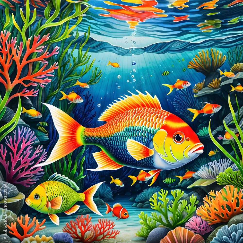 Colored pencil drawing of an underwater world with fish and algae ...