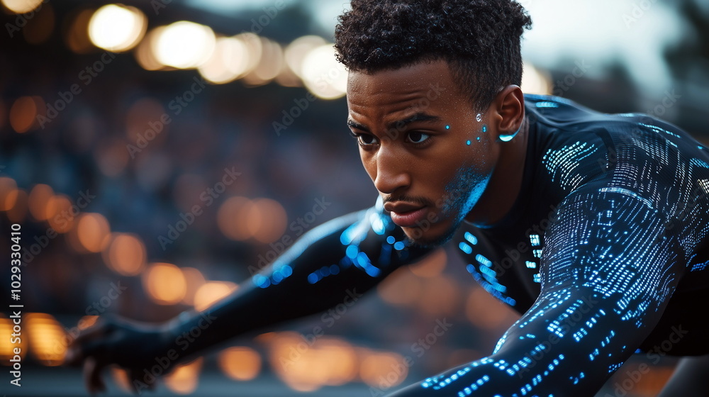 An athlete wearing smart clothing with embedded sensors, capturing ... An athlete wearing smart clothing with embedded sensors, capturing ...