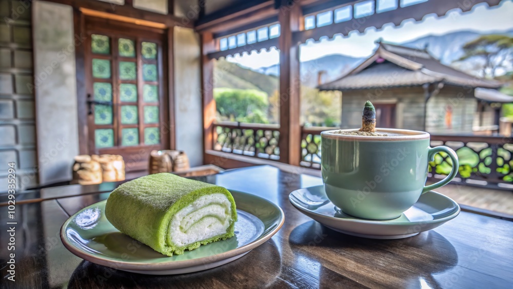 Vintage Green Tea Roll Cake and Latte in Osulloc Tea Museum, Jeju ...