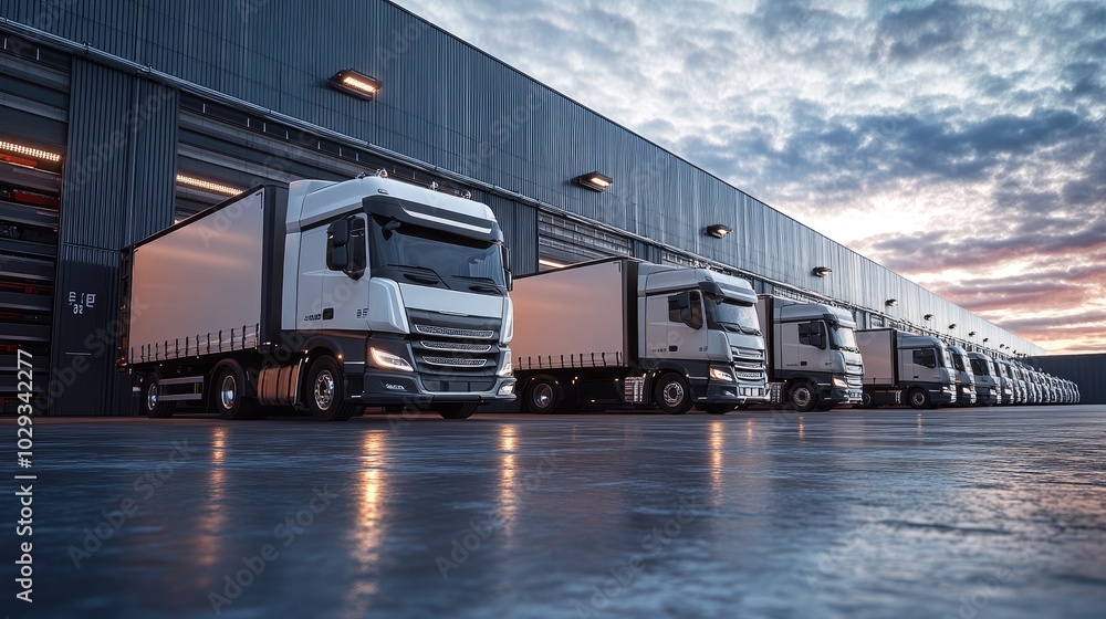 Fleet of logistics trucks parked at a distribution center, ready for ...