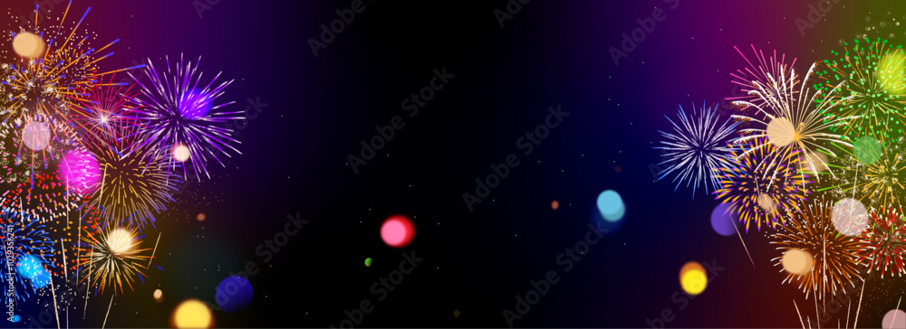 Celebration banner, colorful fireworks background Stock Vector | Adobe ...
