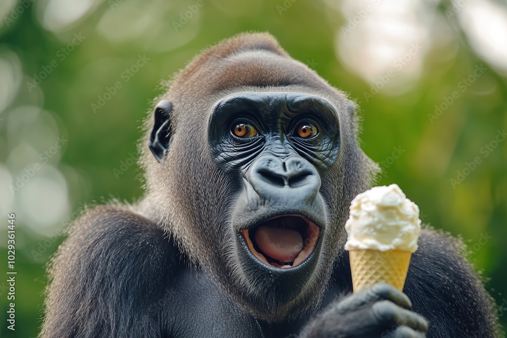 Funny gorilla eating ice cream on blurred background Stock Photo ...