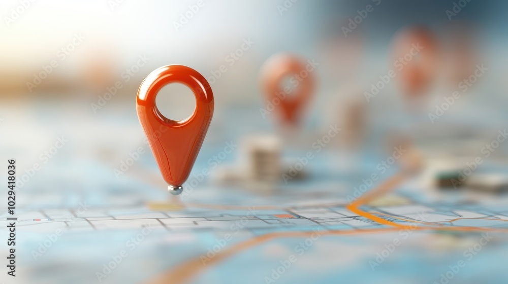 An expansive view of a map adorned with several orange location pins ...