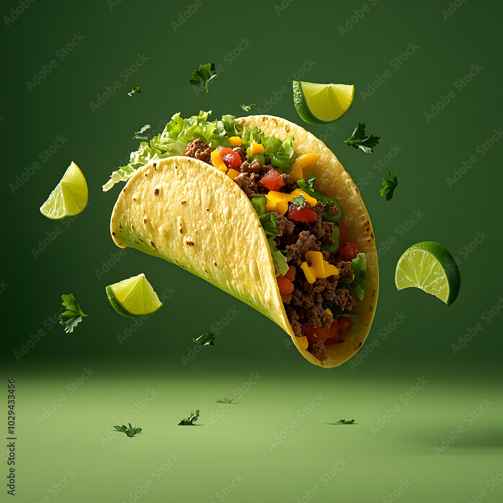 Vibrantly colored taco floating above a smooth green background with ...