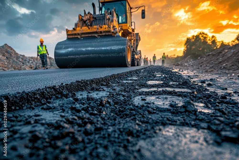Road construction workers operating heavy machinery to lay fresh ...