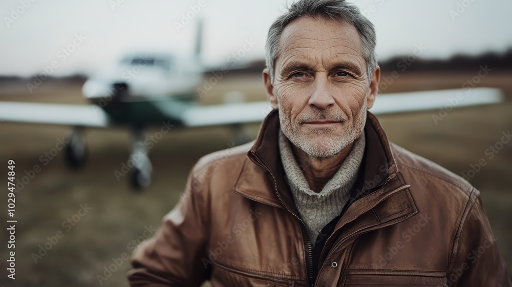 A rugged, mature aviator in a brown leather jacket stands confidently ...