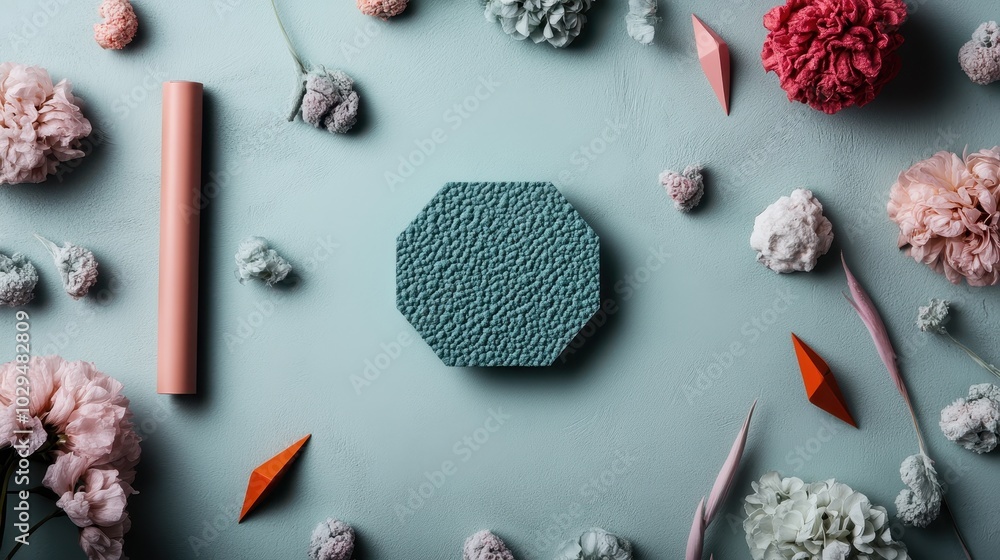 A textured octagon is placed amidst various flowers on a teal ...