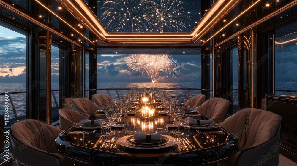 Elegant dining experience with stunning fireworks over the ocean at ...