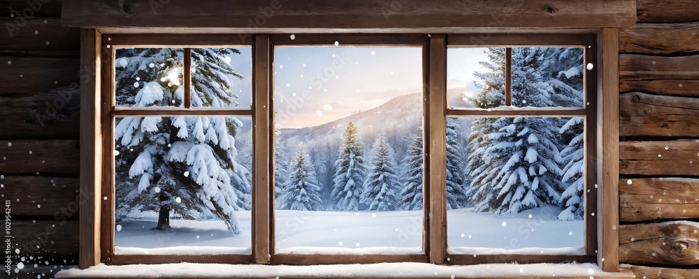 A cozy winter view of snow-covered trees and mountains from a rustic ...