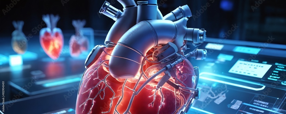 Advanced robotic heart model displayed in a modern lab with glowing ...